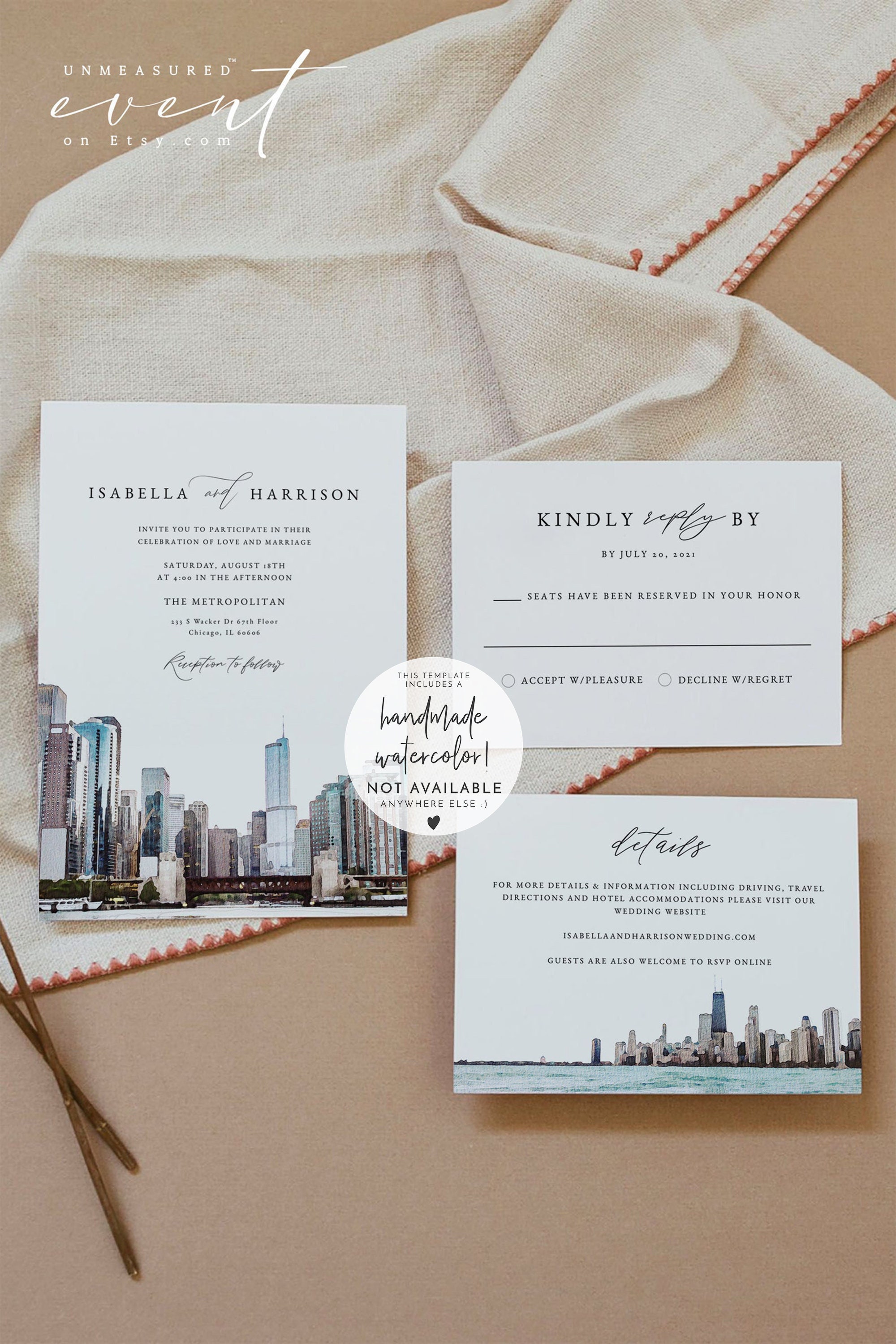 Chicago Wedding Invitation Suite Printable Chicago Skyline | Etsy