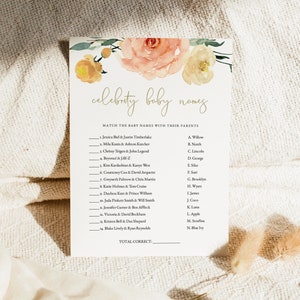 TESS Celebrity Baby Names Baby Shower Game, Pastel Floral Baby Shower ...