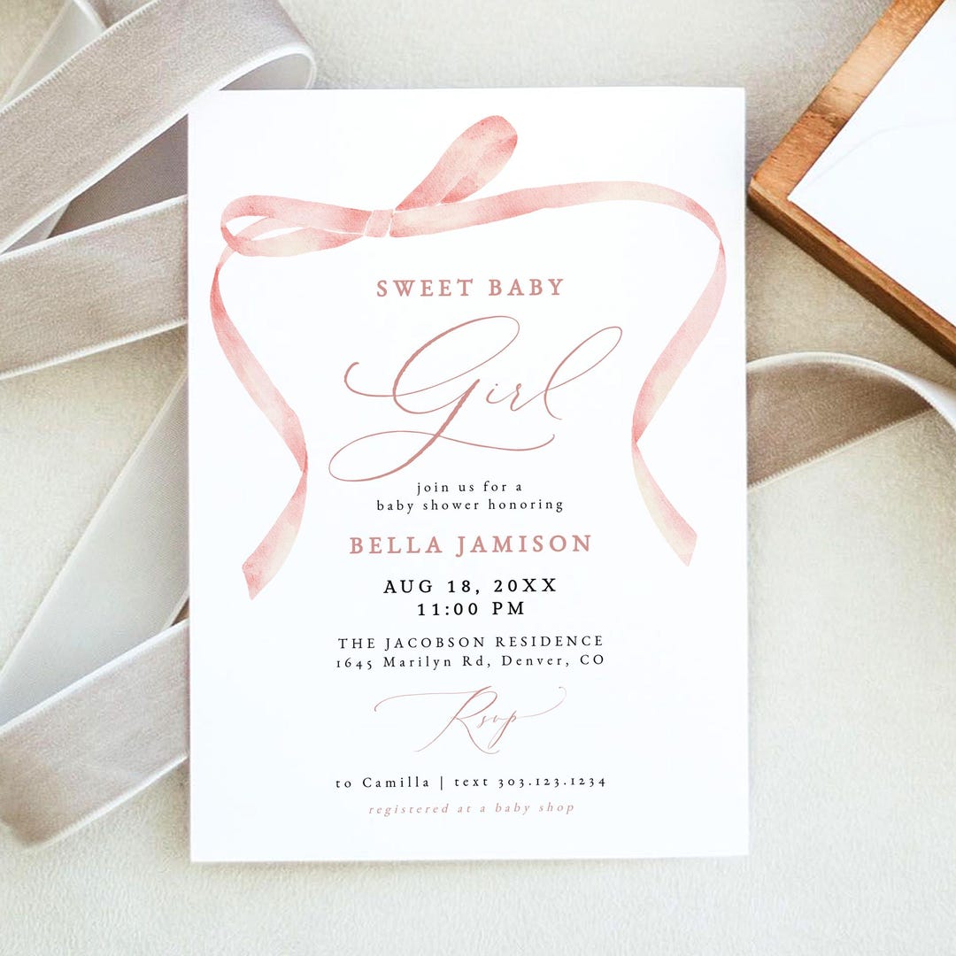 BELLA Pink Bow Baby Shower Invitation Template, Girl Baby Shower Invite ...