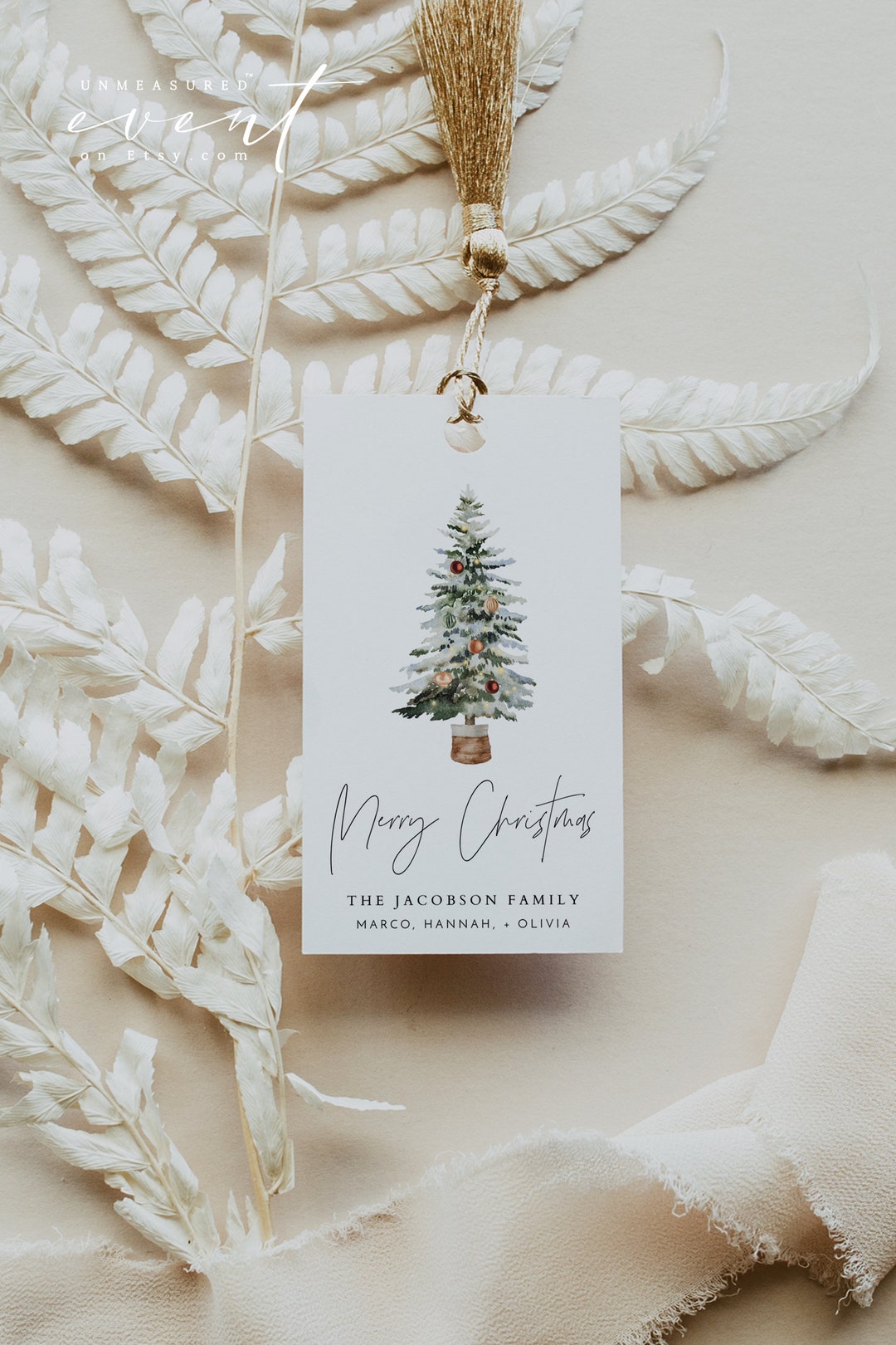 Minimalist Christmas Gift Tag Template, Rustic Merry Christmas Tree ...