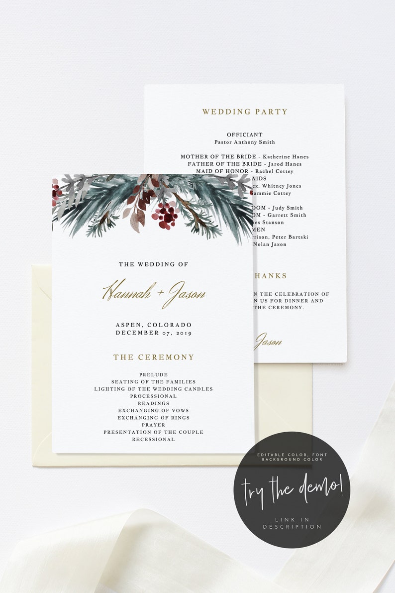 NOEL Winter Pine Wedding Program Template Winter Wedding | Etsy