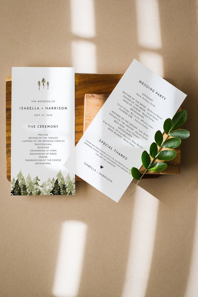 JENNA Pine Wedding Program Template Pine Tree Program for - Etsy