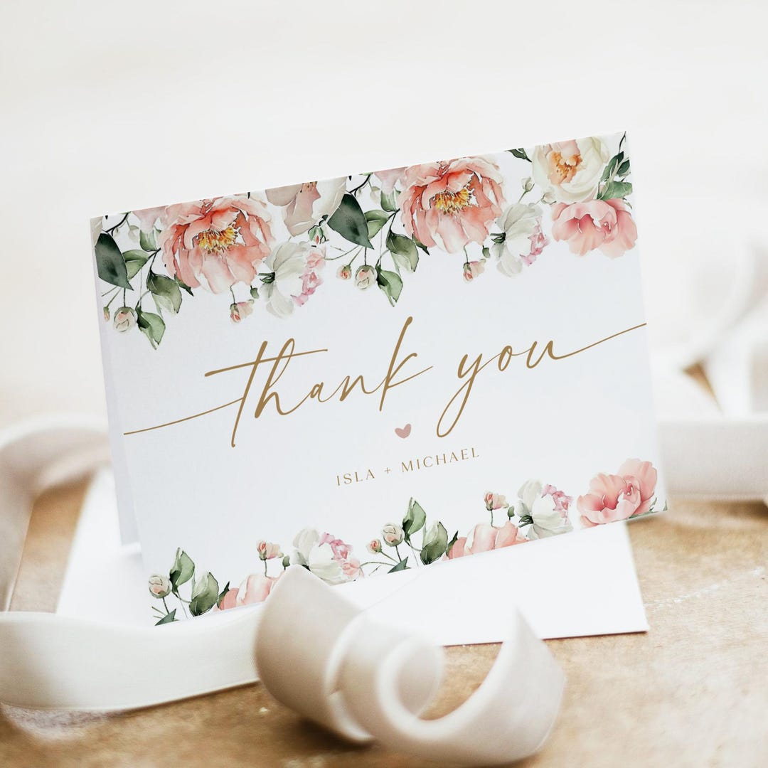 PRINTED + SHIPPED Pink Floral Baby Shower Thank You Cards, Personalized ...