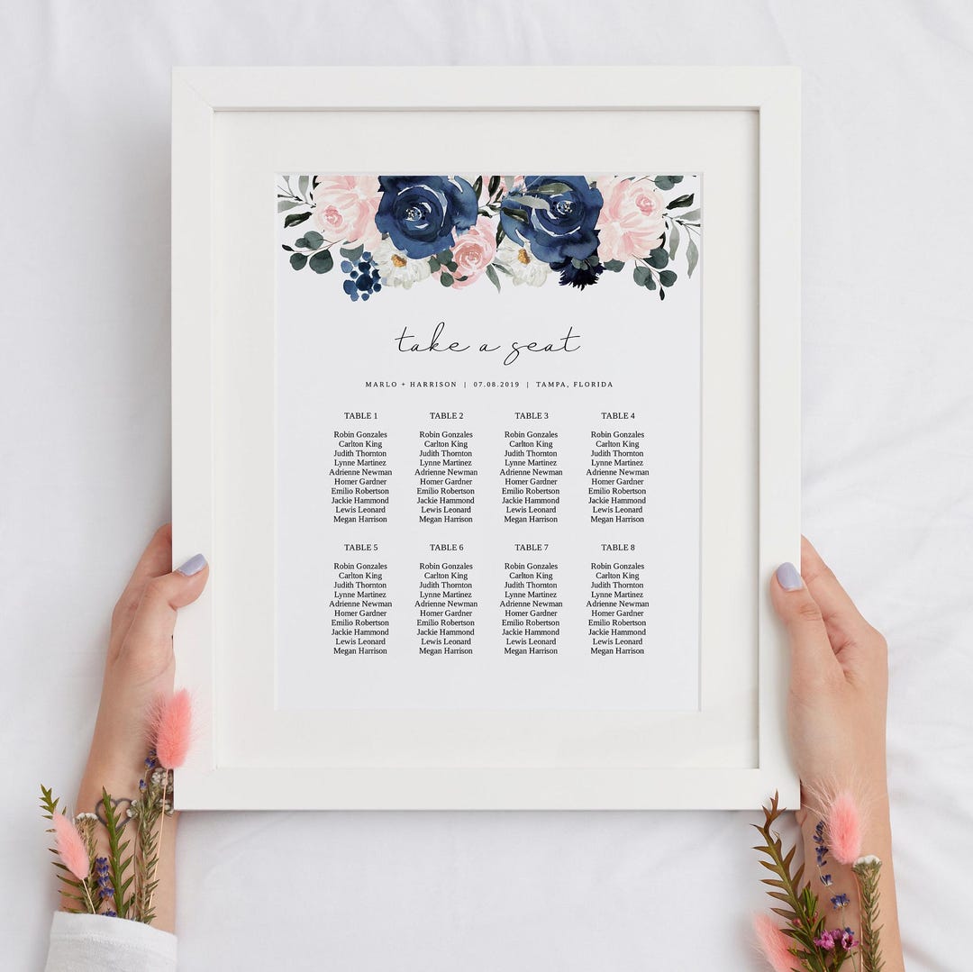 Navy Floral 8x10 Seating Chart Template, Blush Floral Small Seating ...