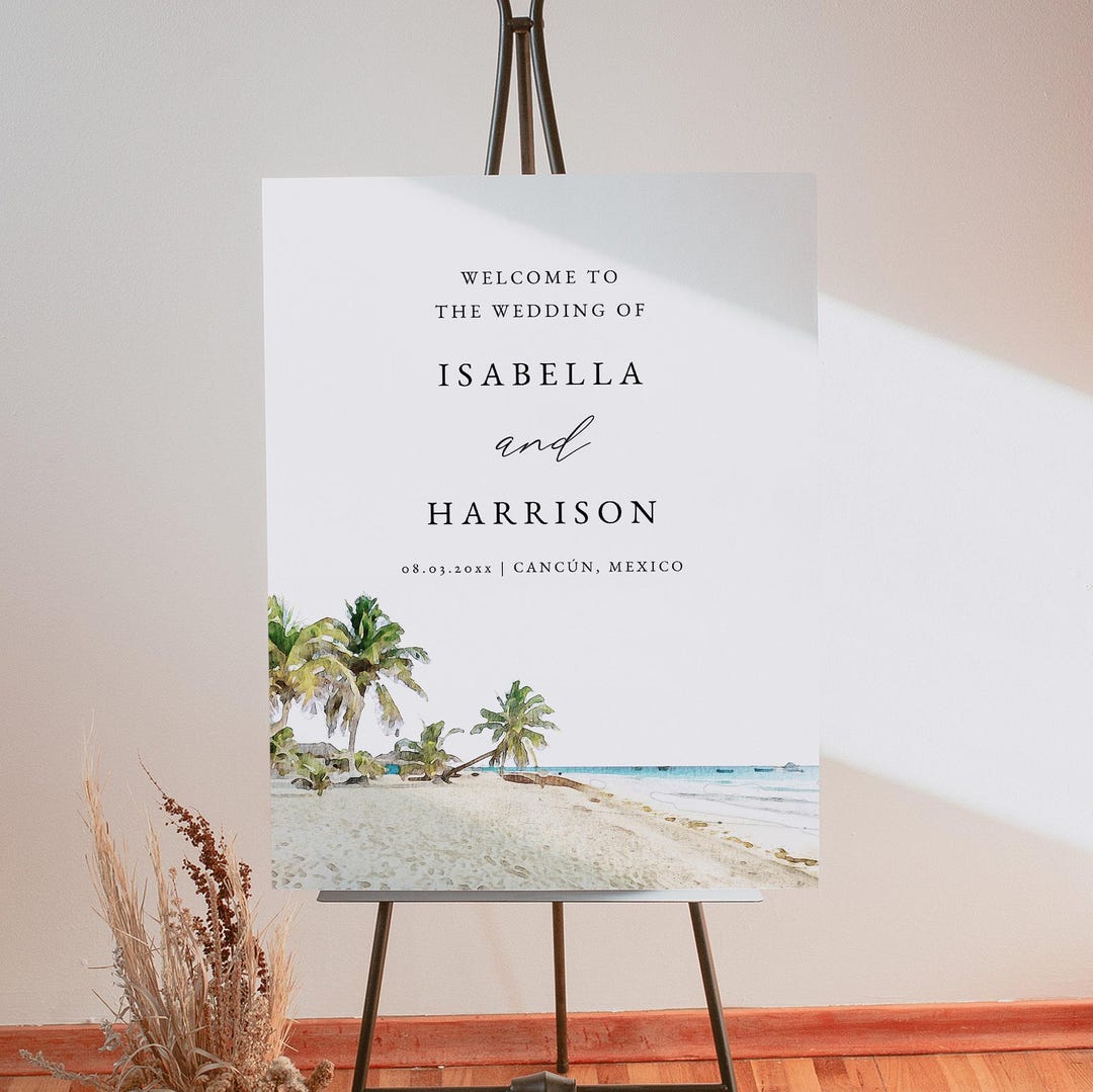 CANCUN Wedding Welcome Sign Template, Watercolor Tropical Beach Wedding ...
