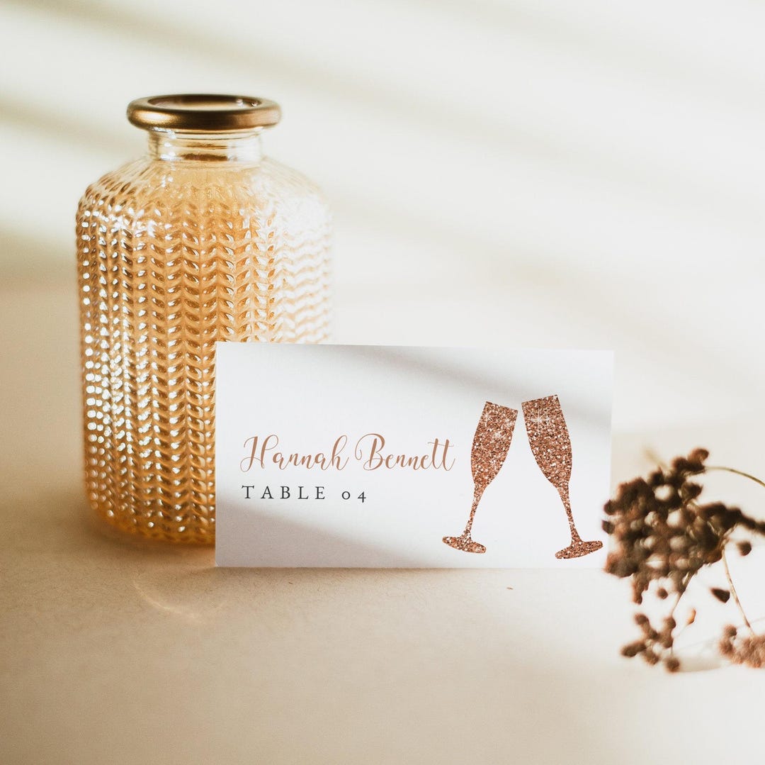 Rose Gold Place Card Template, Champagne Place Card, Bridal Shower ...
