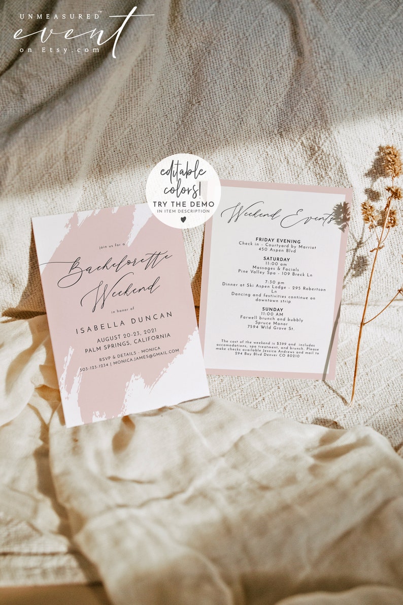 Blush Splash Bachelorette Invite Email Invitation And Schedule GRETCHEN 