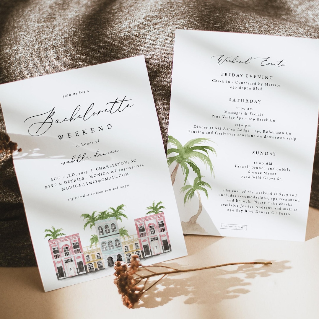 FIONA Charleston Bachelorette Invitation & Itinerary Template ...
