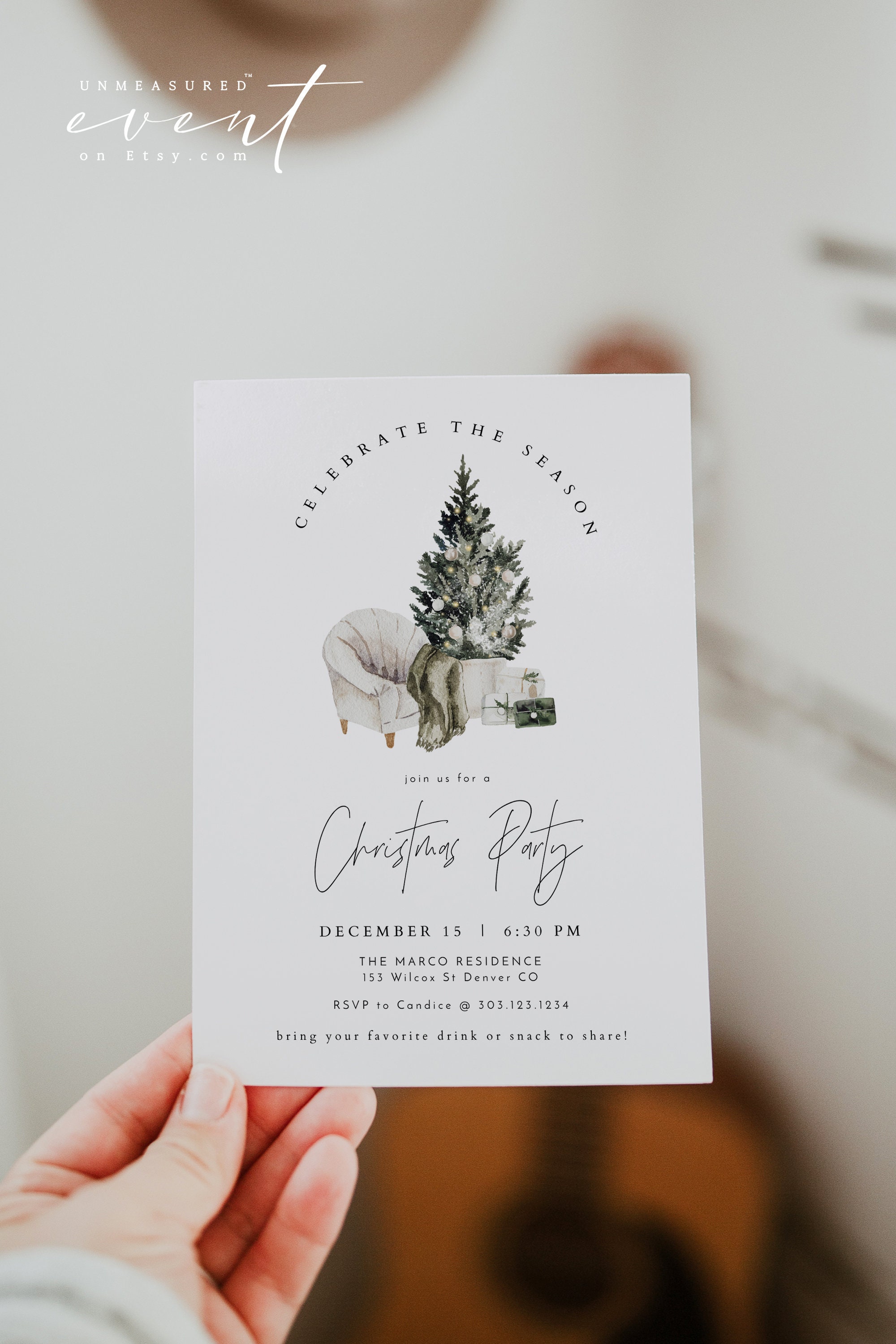 Minimalist Christmas Party Invitation Template, Modern Christmas Invite ...