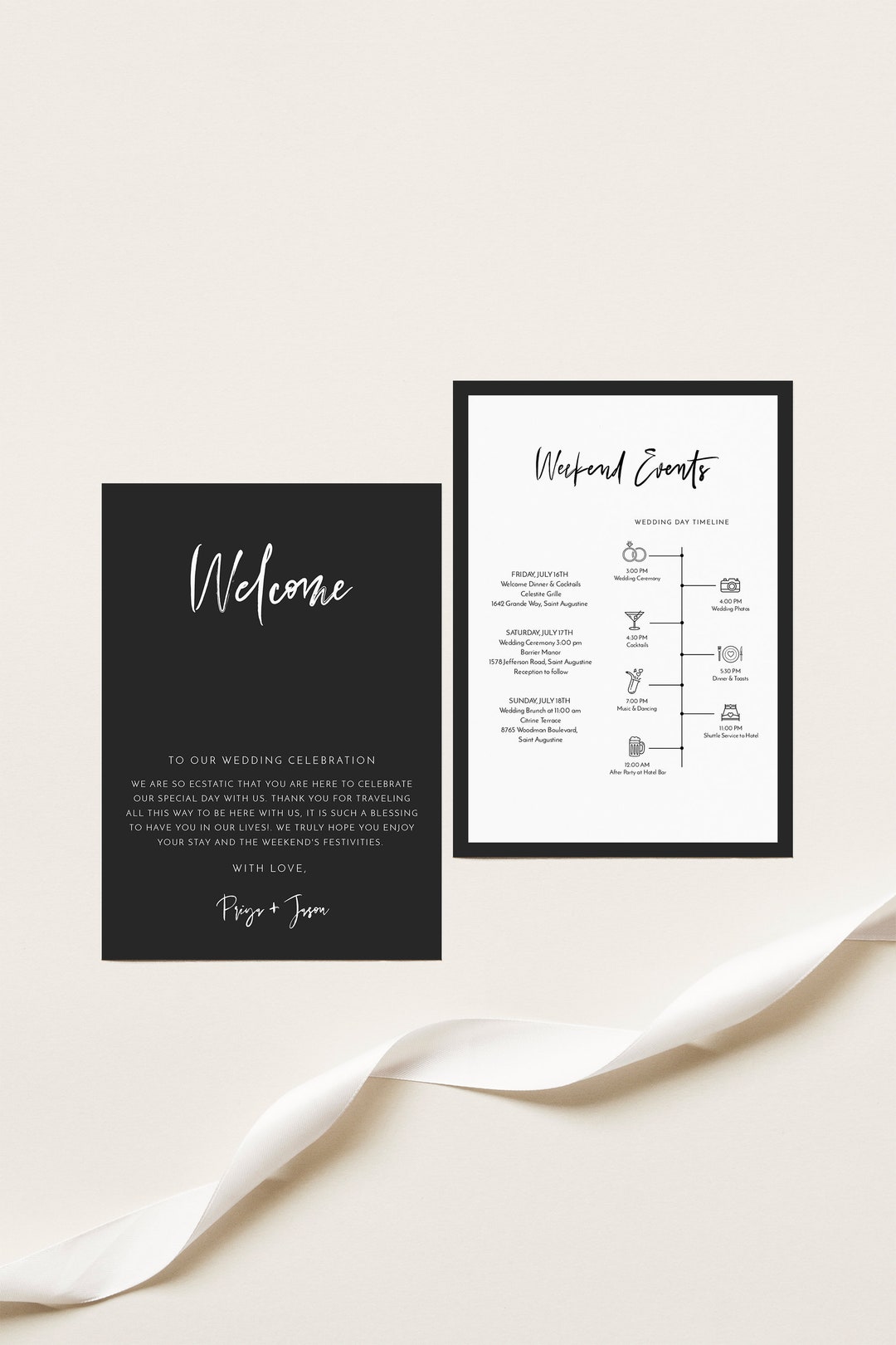 PRIYA Contemporary Wedding Welcome Letter and Itinerary Template, Black ...