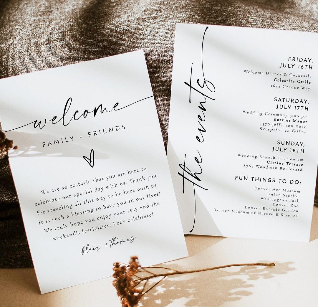Minimalist Wedding Events Card Template, Wedding Welcome Bag Note ...