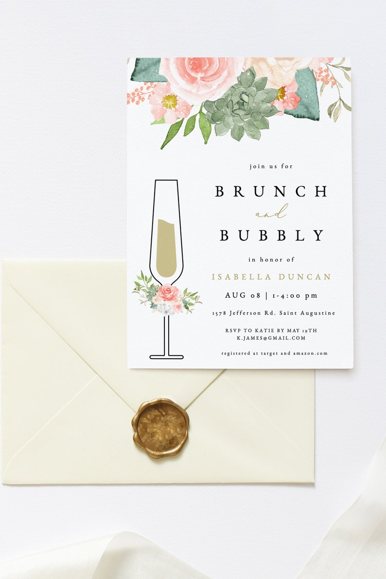 FINLEY | Blush Champagne Brunch and Bubbly Invitation Template, Peach ...