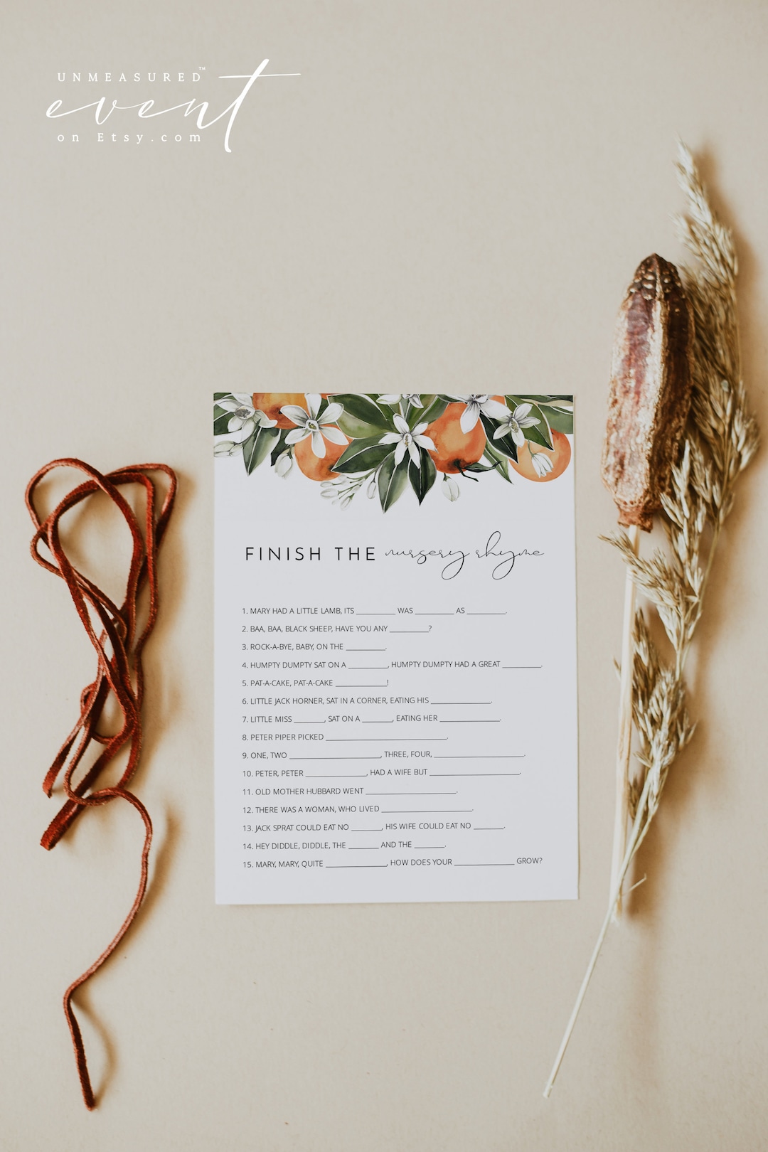 Finish the Nursery Rhyme Game Printable, Orange Baby Shower Games ...