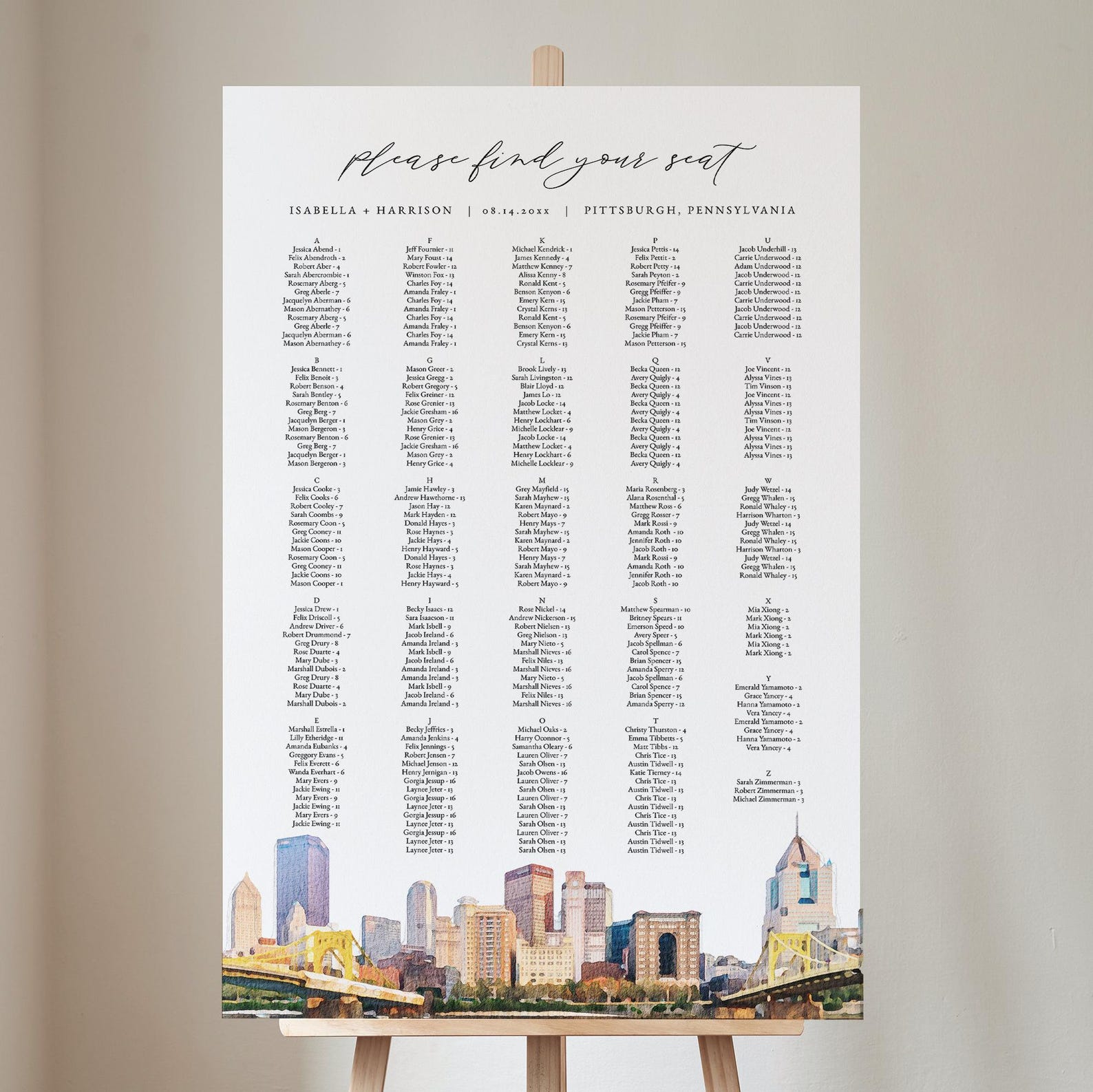PITTSBURGH Alphabetical Seating Chart Template, Watercolor Pittsburgh ...