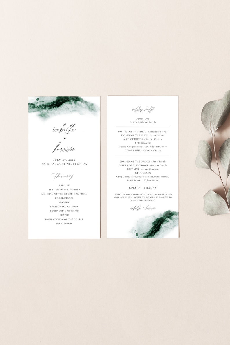 EMERALD Green Watercolor Wedding Program Template Tropical | Etsy
