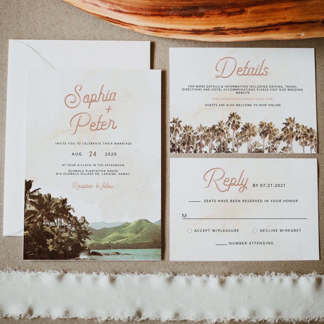 Vintage Hawaii Wedding Invitation Template Suite, Hawaii Skyline ...