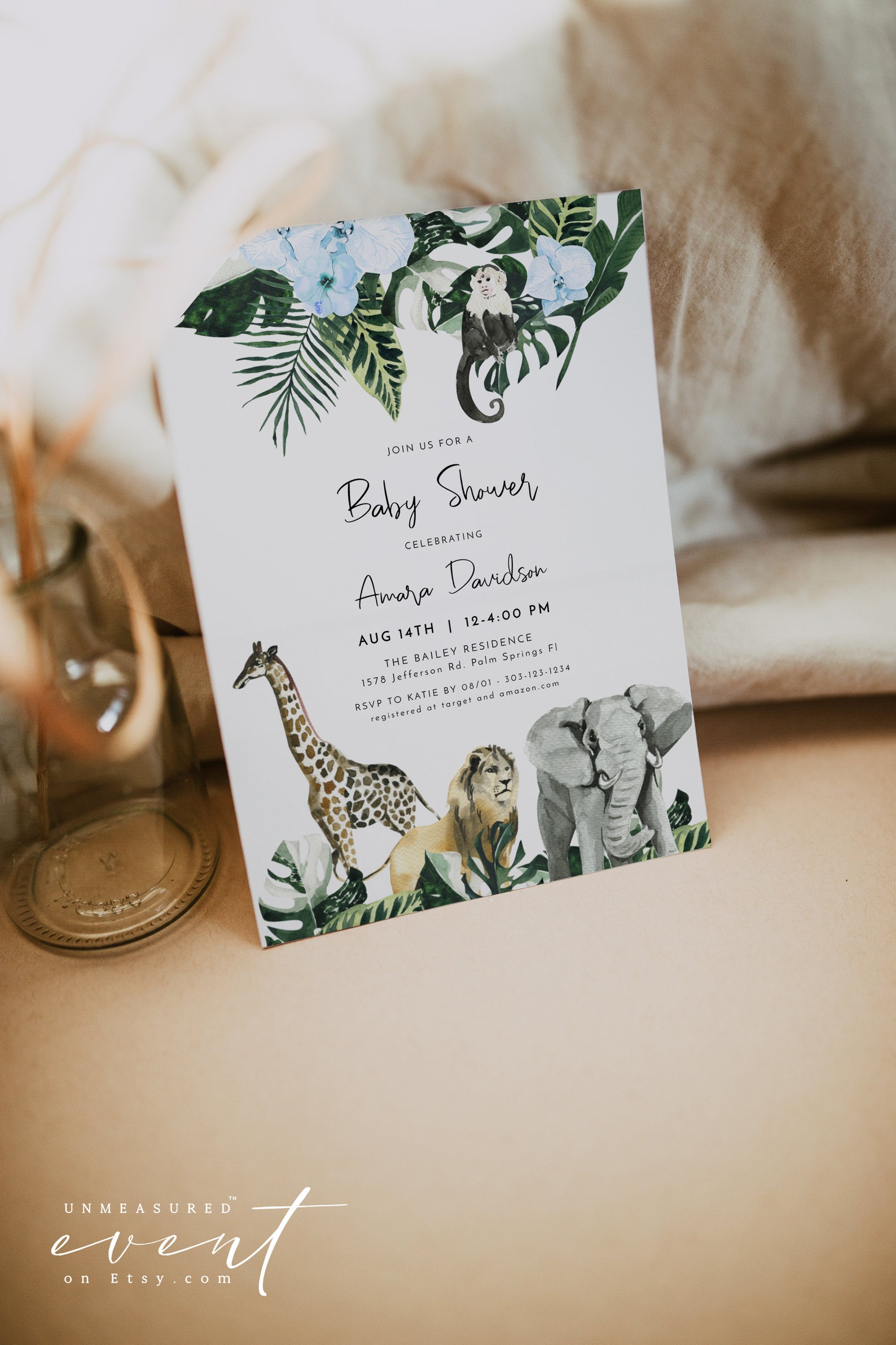AMARA Boy Safari Baby Shower Invitation Template Set, Jungle Baby ...
