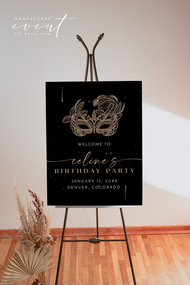 CELINE Birthday Welcome Sign Template Masquerade Party - Etsy