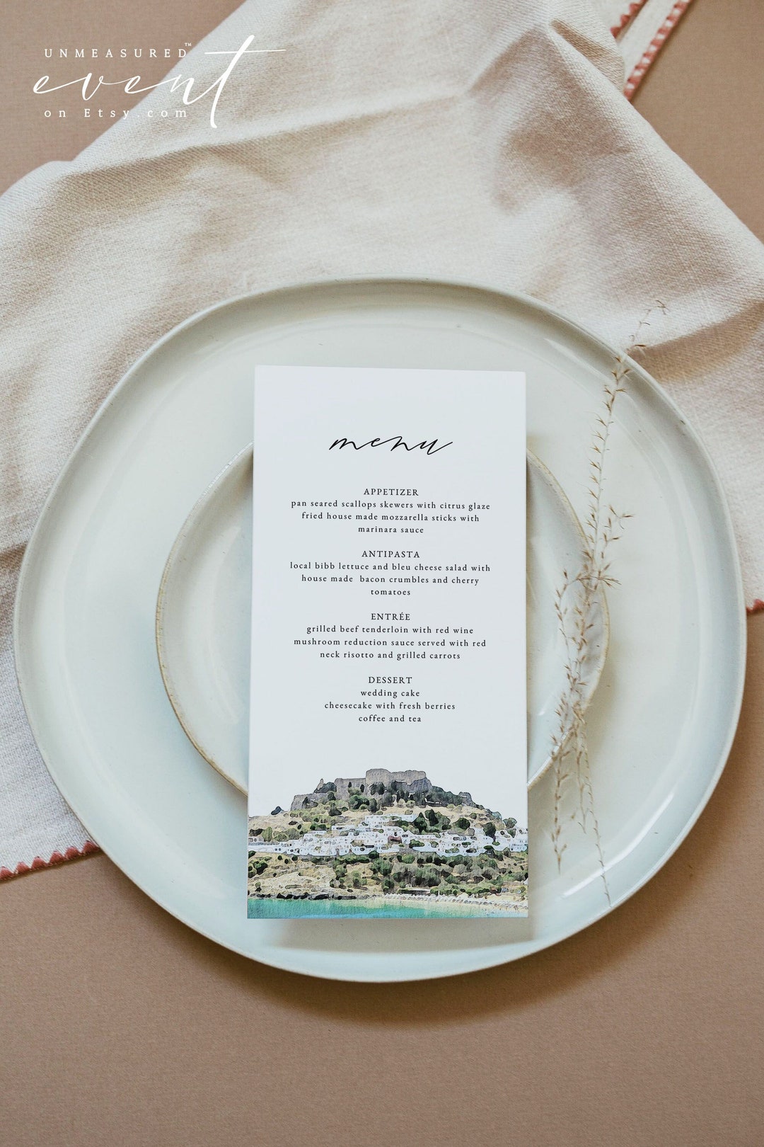 RHODES Wedding Menu Template, Watercolor Rhodes Skyline Wedding Menu ...