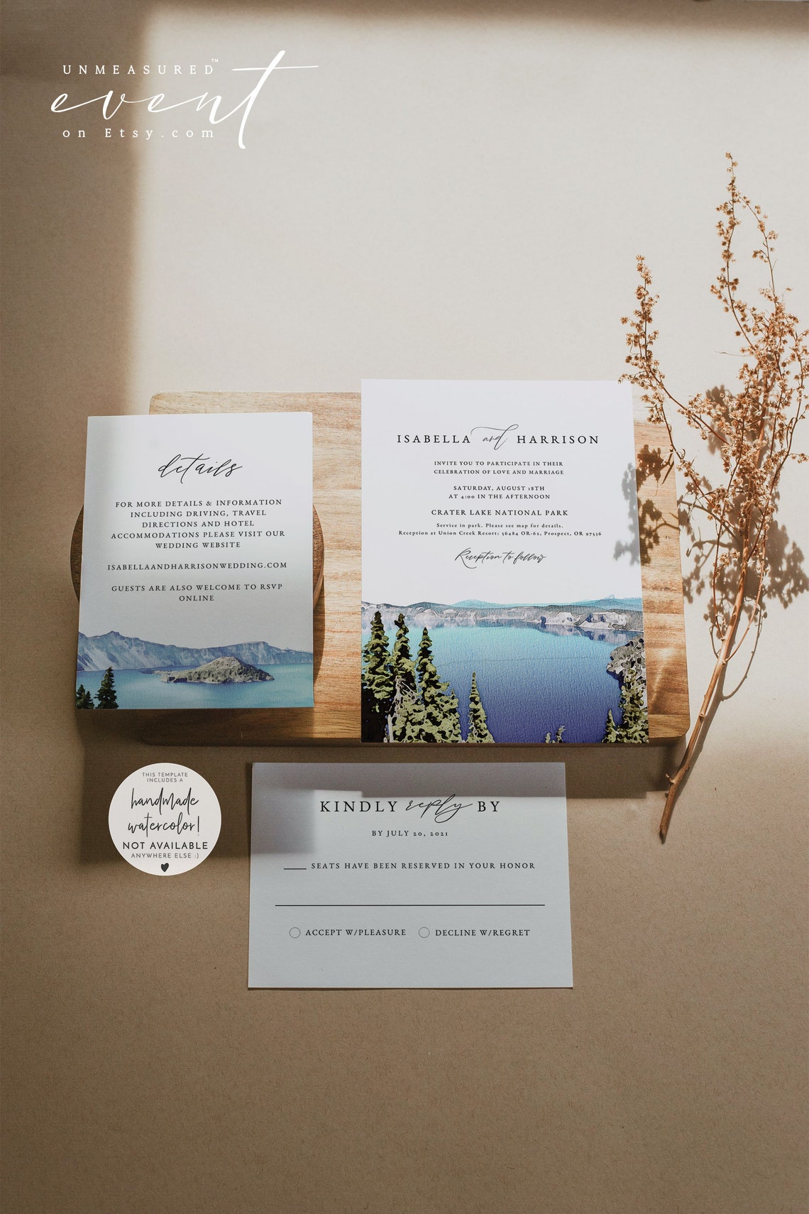 CRATER LAKE Wedding Invitation Template Suite Watercolor - Etsy