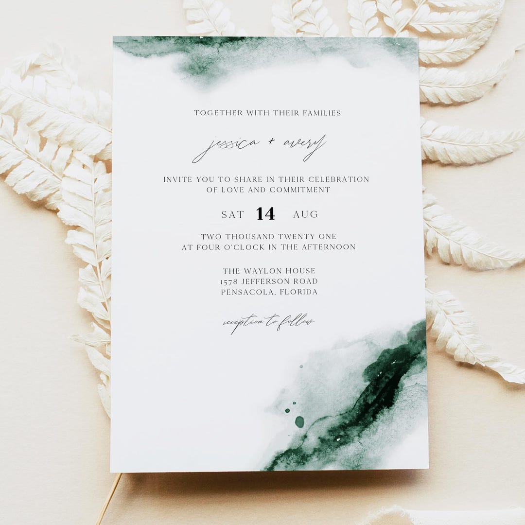 Green Watercolor Wedding Invitation Template, Tropical Wedding ...