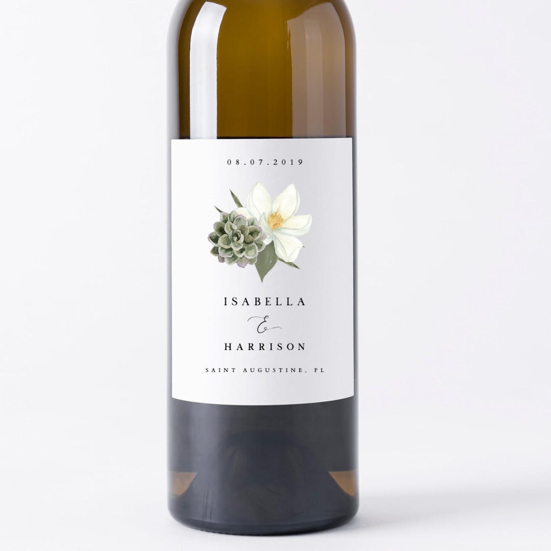 Magnolia and Succulent Wine Bottle Label Template, Wine Labels Wedding ...