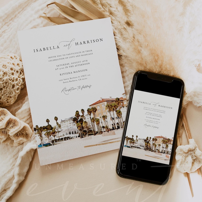 SANTA BARBARA Wedding Invitation Template, Watercolor Santa Barbara ...