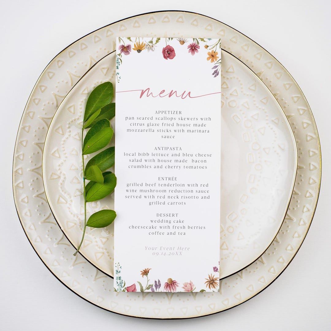 Wildflower Menu Card Template, Floral Menu Cards for Baby Shower ...