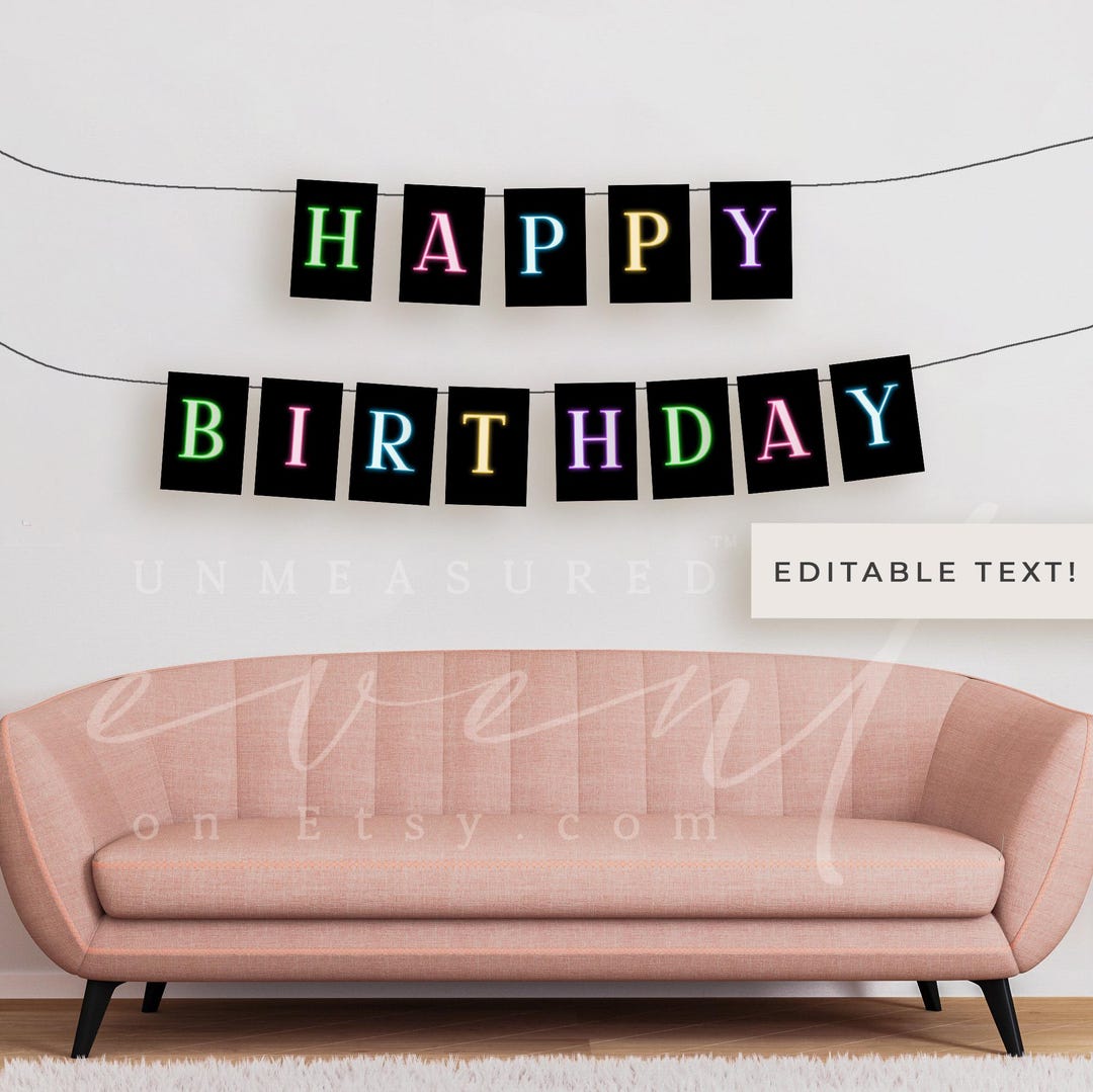 Glow Party Bunting Banner Template, Printable Birthday Bunting Banner ...