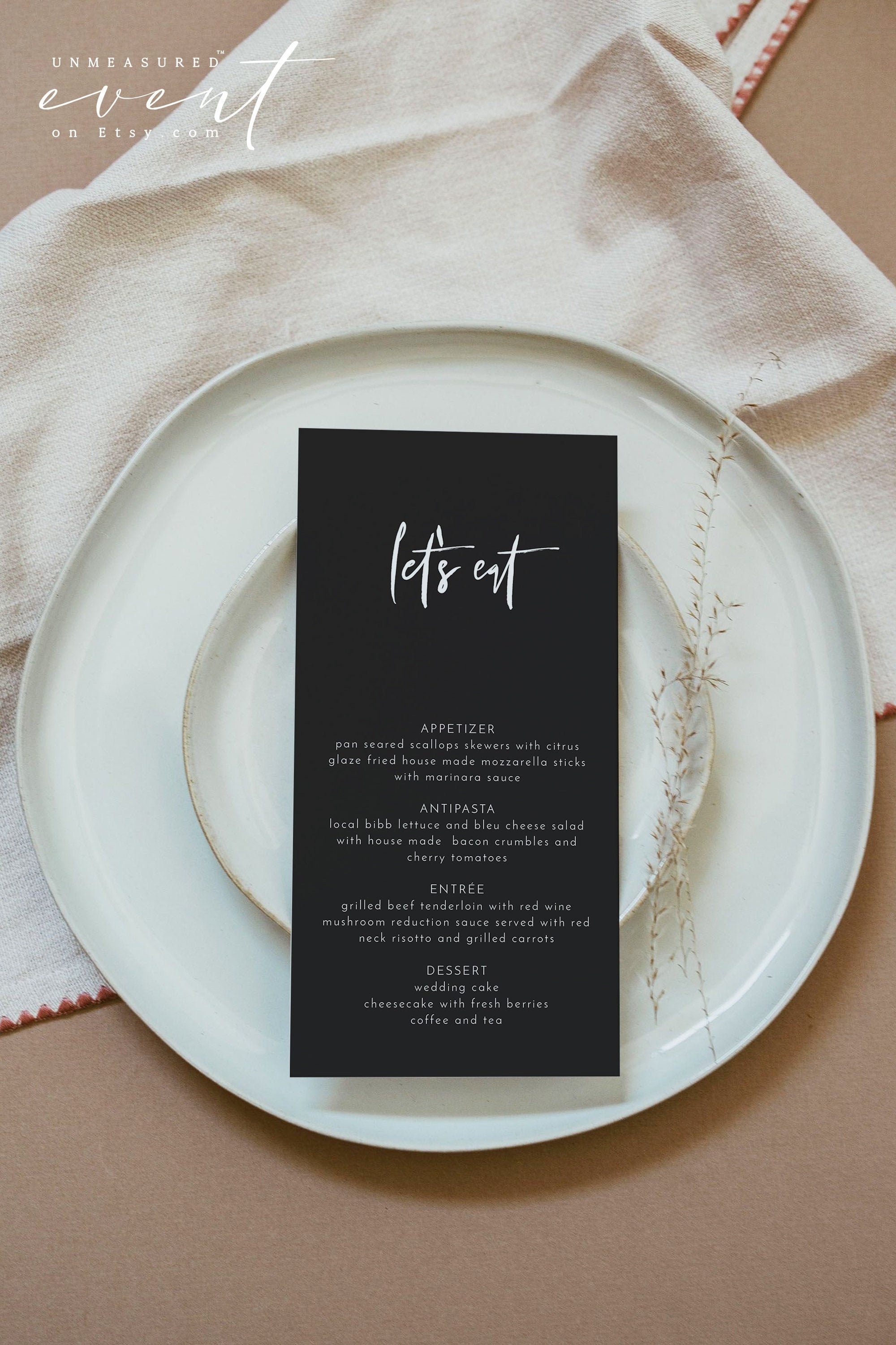 PRIYA Black Menu Card Template, Modern Wedding Menu Printable ...