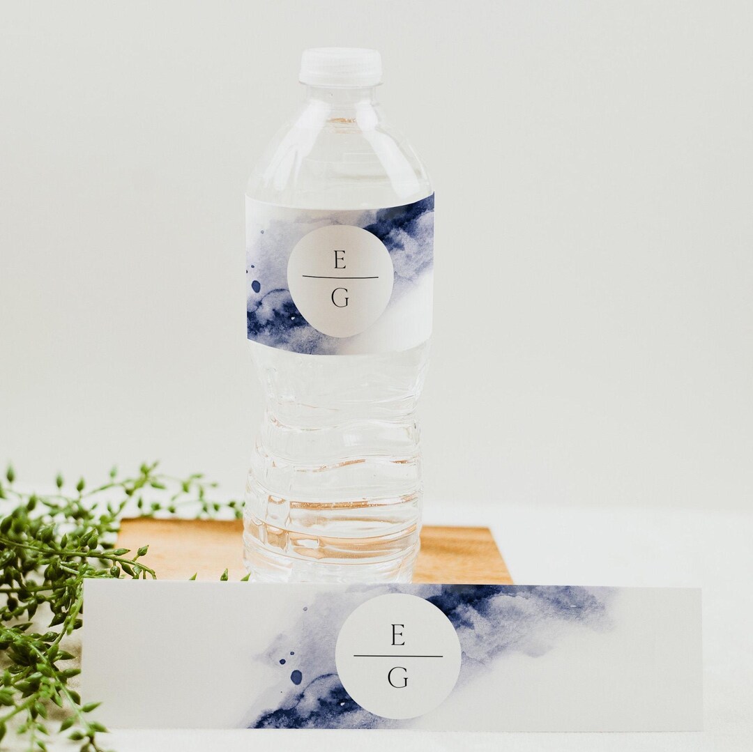 Blue Watercolor Water Bottle Label Template, Navy Wedding Water Bottle ...