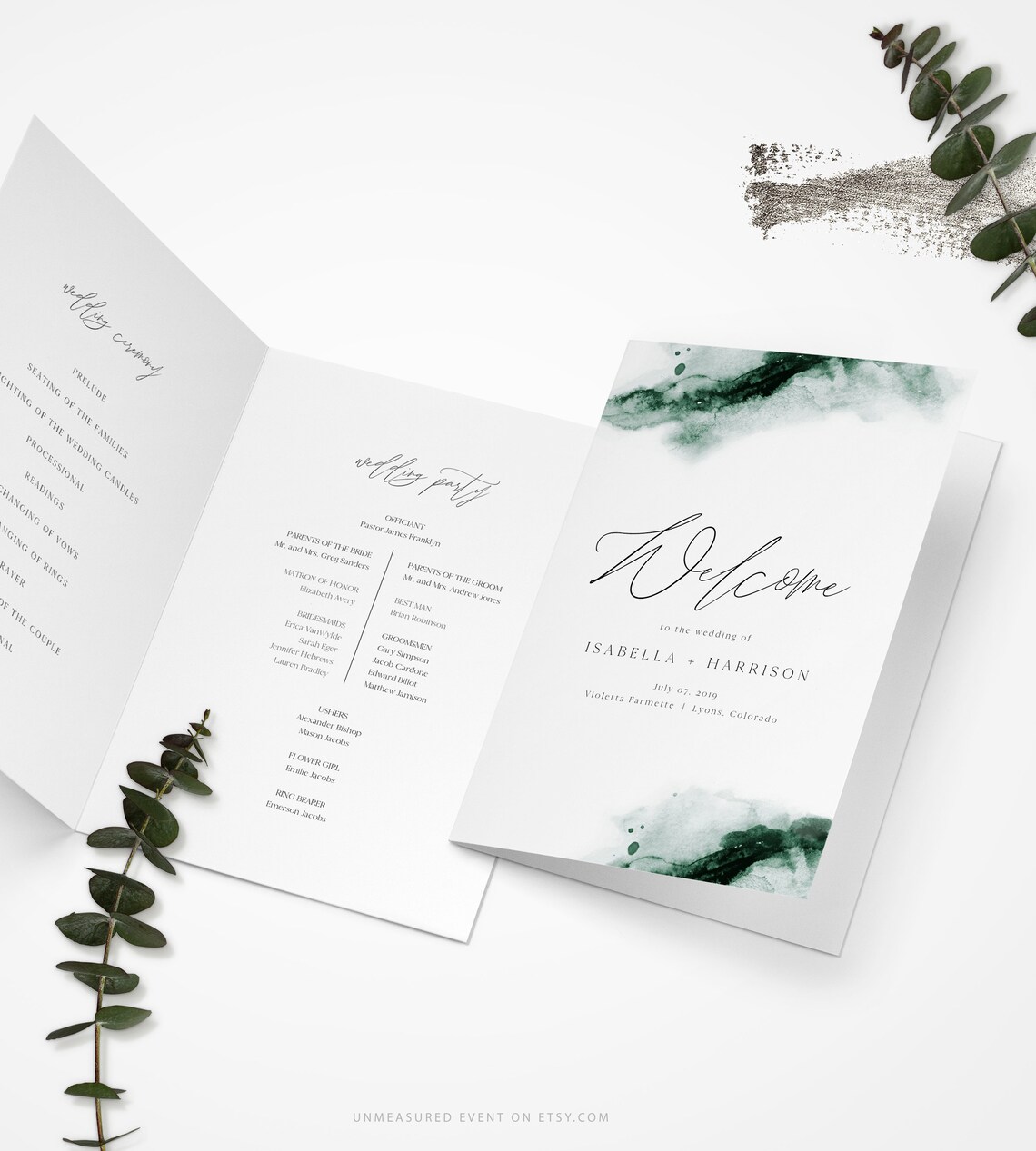 EMERALD Green Watercolor Foldable Wedding Program Template - Etsy