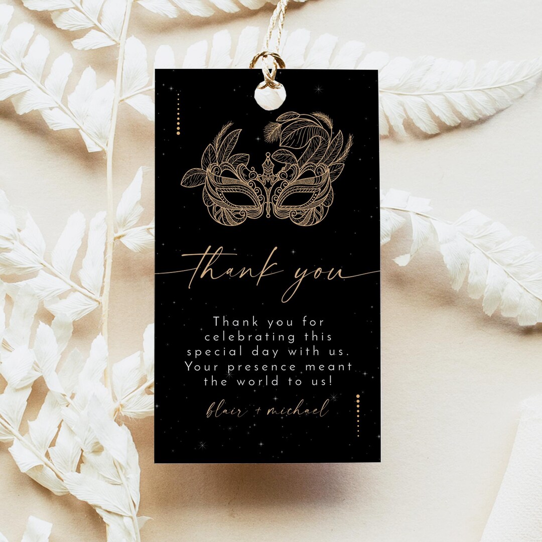 Masquerade Party Gift Tag Template, Printable Gift Tags, Black and Gold ...