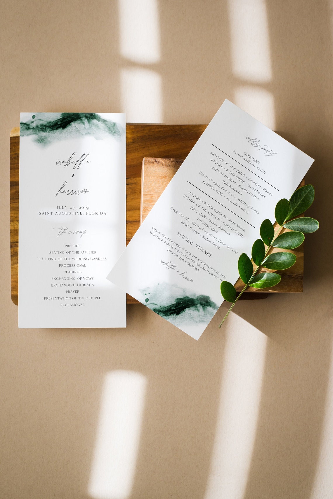 EMERALD Green Watercolor Wedding Program Template Tropical - Etsy