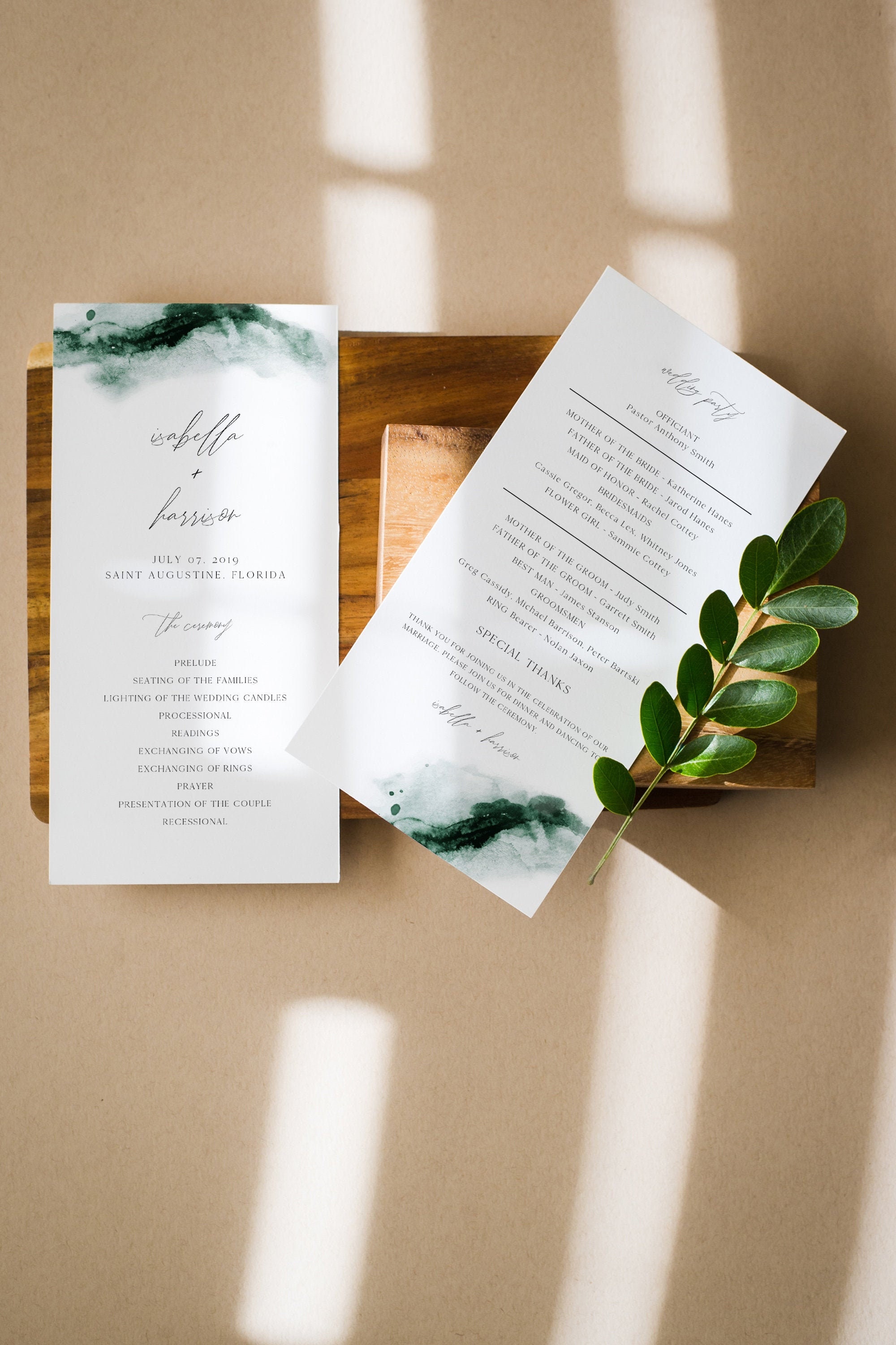EMERALD Green Watercolor Wedding Program Template Tropical | Etsy