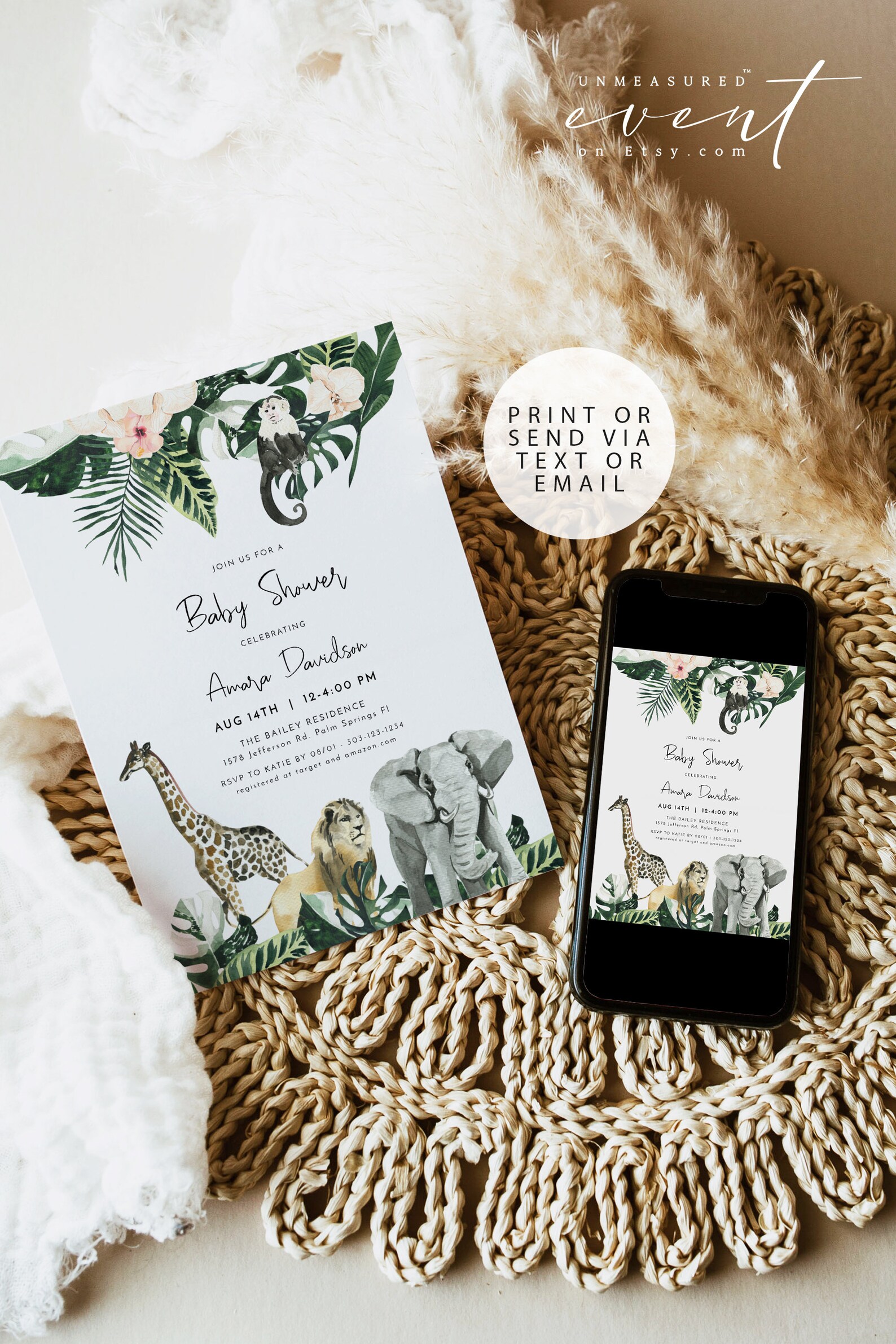 AMARA Girl Safari Baby Shower Invitation Template Jungle Baby - Etsy