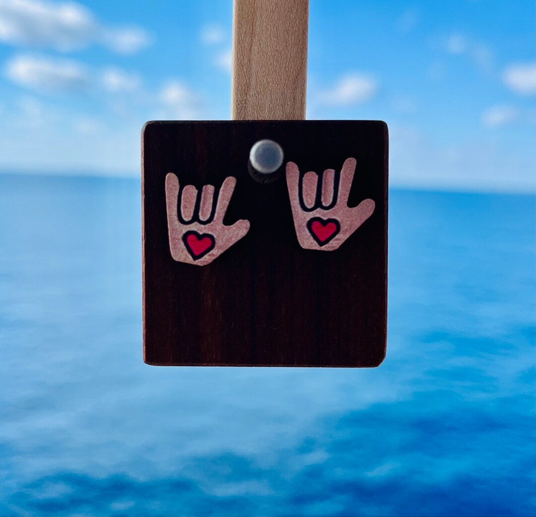 ASL Sign Language Wooden I Love You Sign Earring Studs on Wooden Board ...