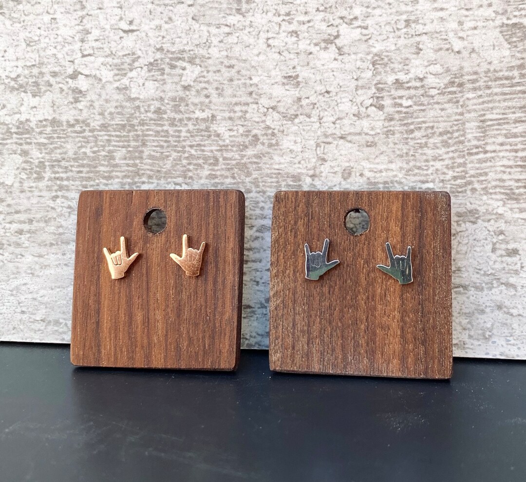 ASL Sign Language I Love You Sign Earring Studs on Wooden Board - Etsy