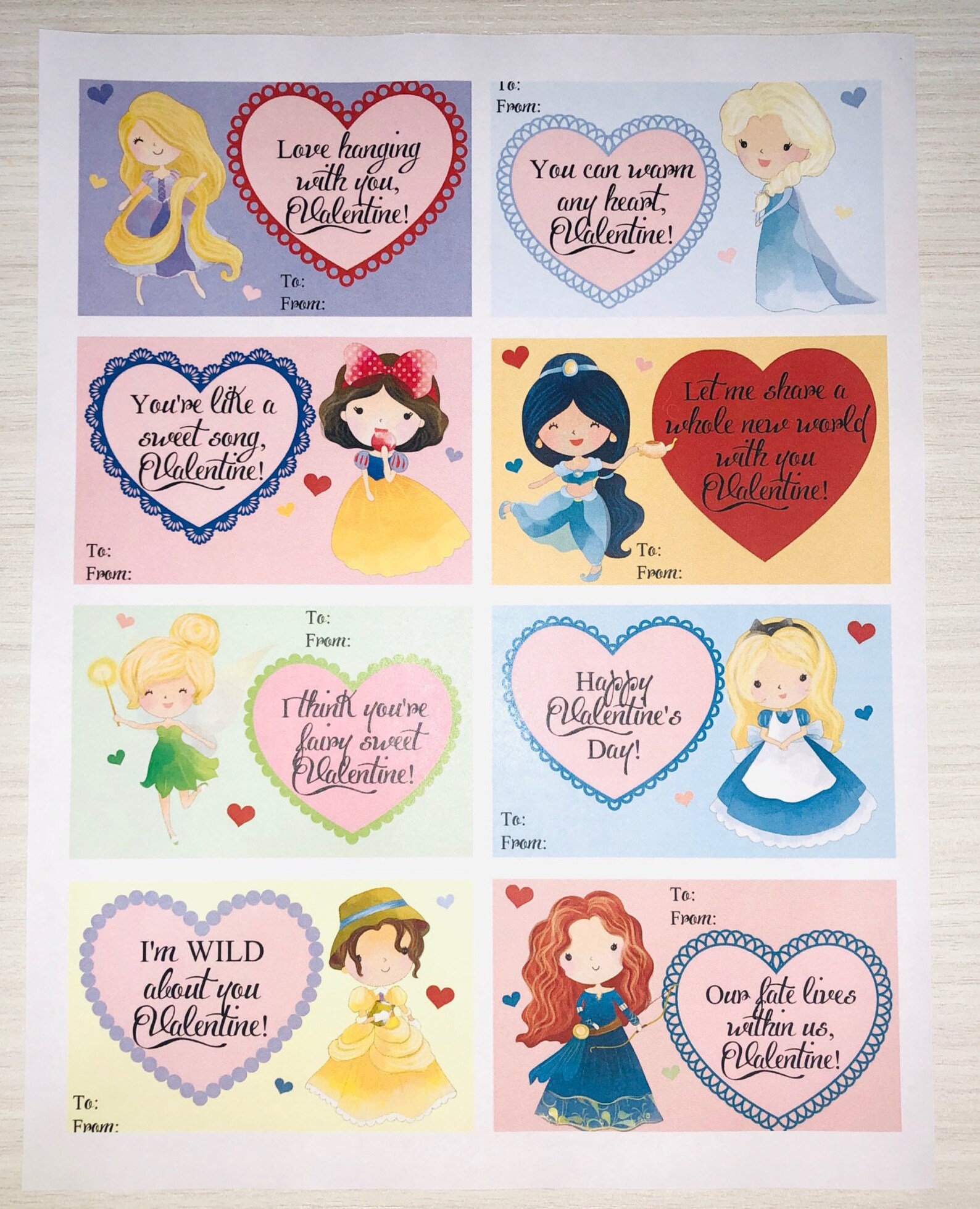 Princess Valentine's Day Cards - Set of 8 + Bonus Princess Prints - Etsy