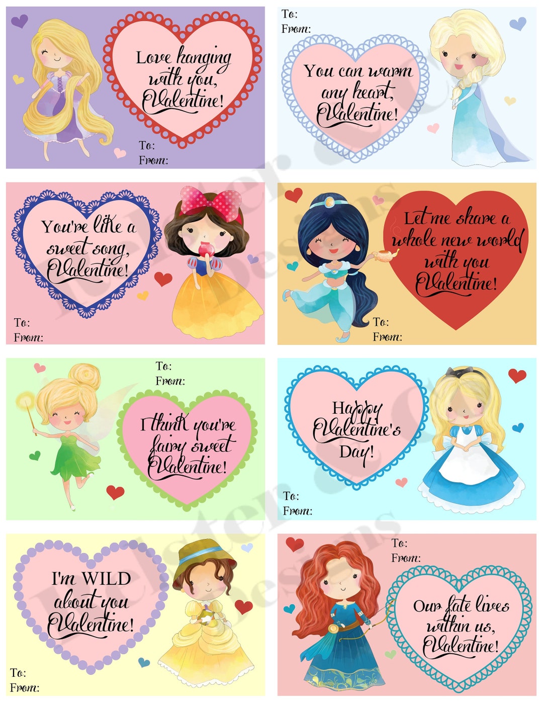 Princess Valentine's Day Cards - Set of 8 + Bonus Princess Prints - Etsy