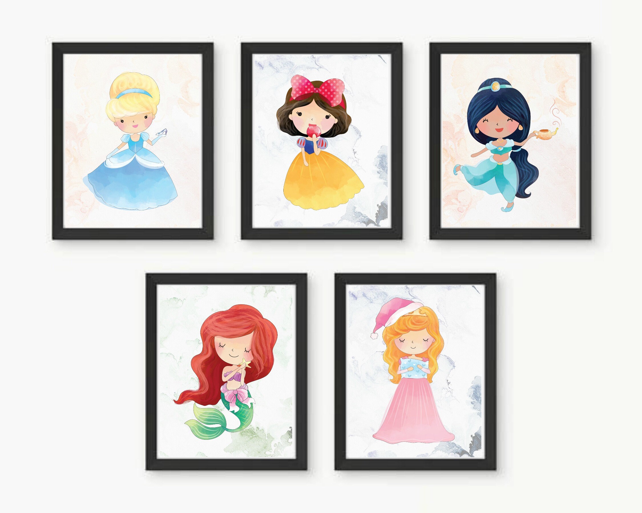 Princess With Watercolor Background Set of 5 Instant - Etsy