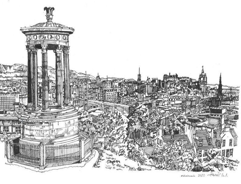 Edinburgh Cityscape View From Carlton Hill Fineliner Drawing Printable ...