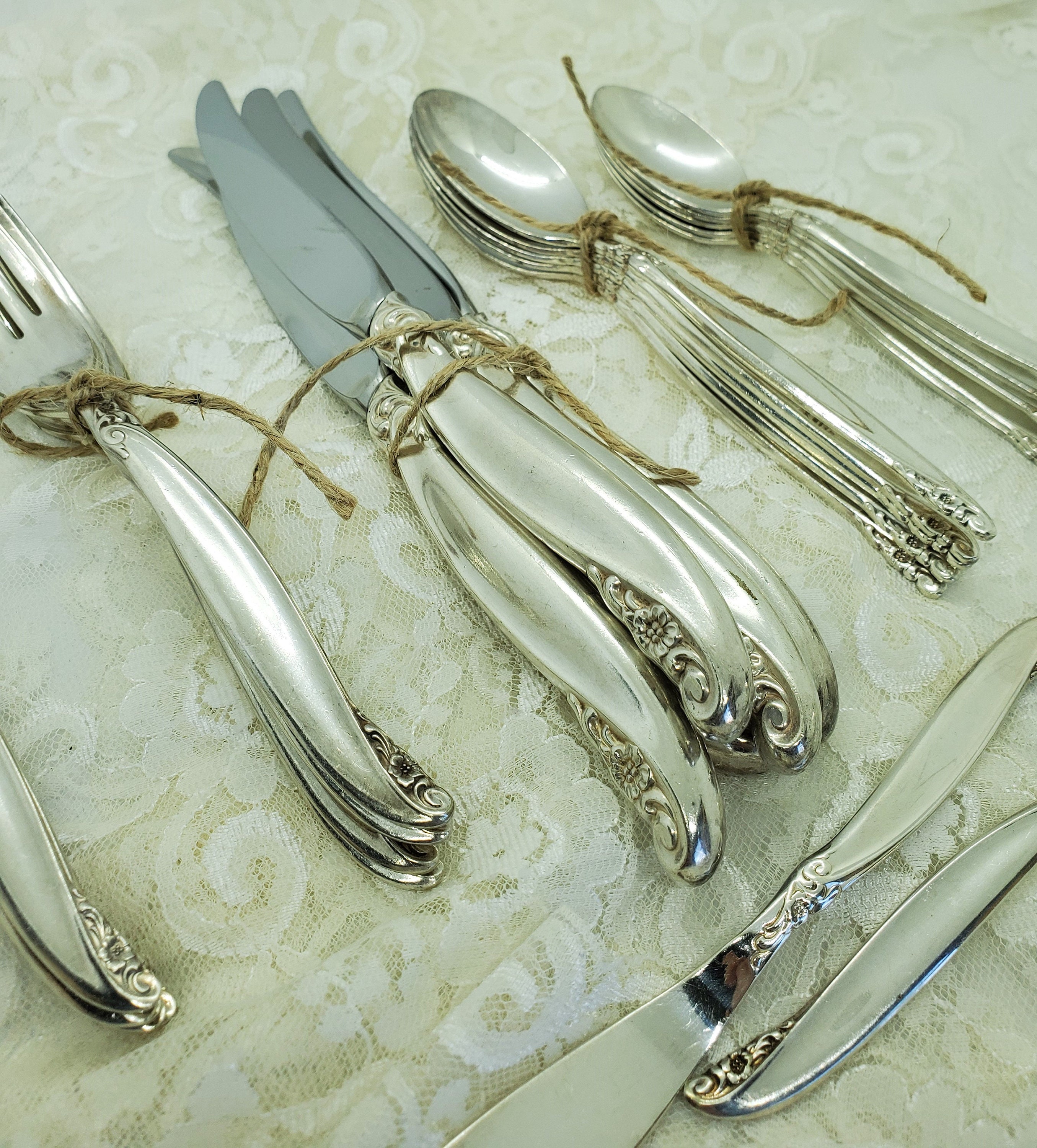 Vintage Silverware Set Farmhouse Chic Christmas Cutlery Service for 5 ...