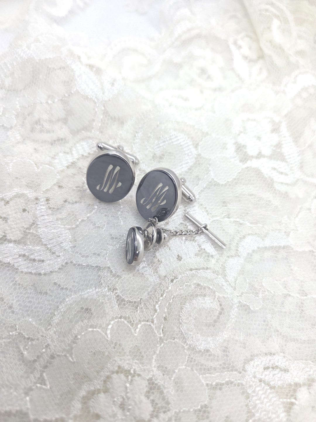 Vintage Anson Silver Tone Black Cufflinks and Tie Pin Set M Monogram - Etsy