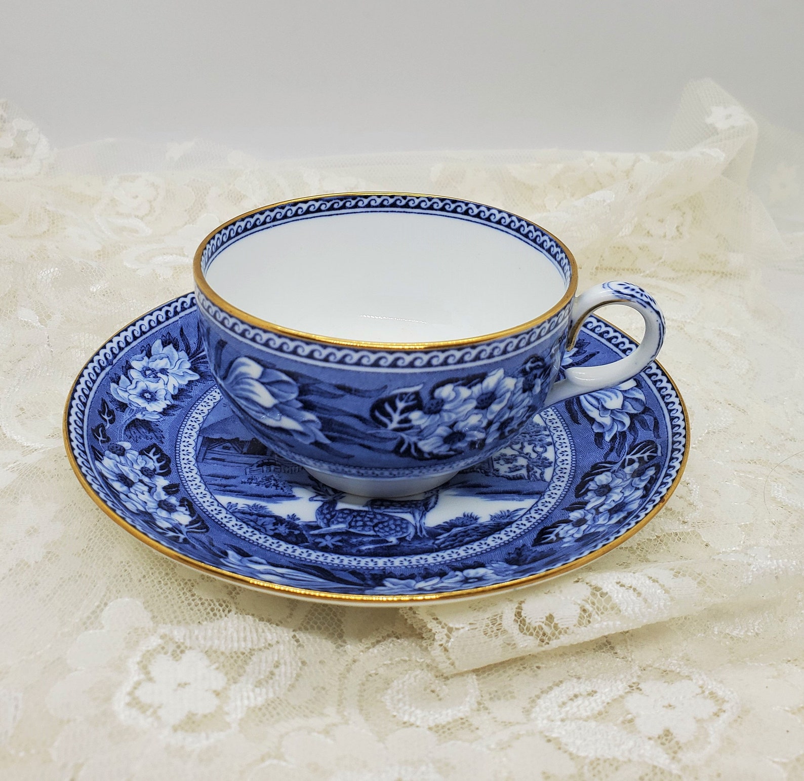 Antique China Cup Wedgwood China Cup Saucer Blue Transferware Cup Blue ...