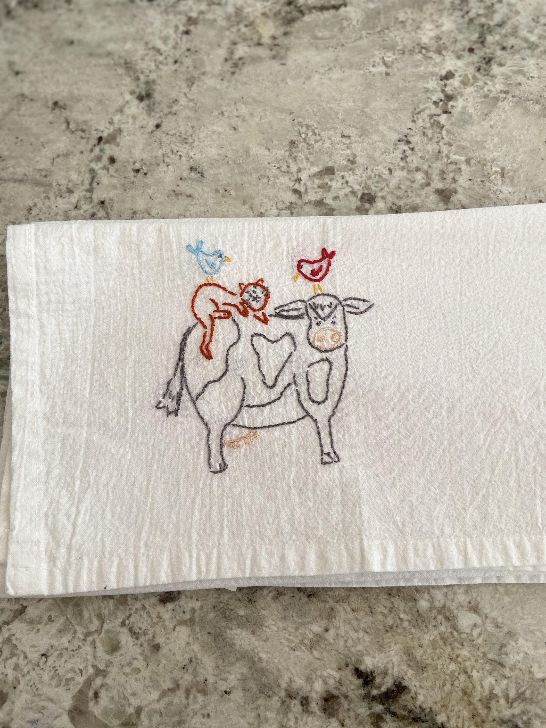 Kitchen Towel Hand Embroidered Cow Country Cat and Bird - Etsy