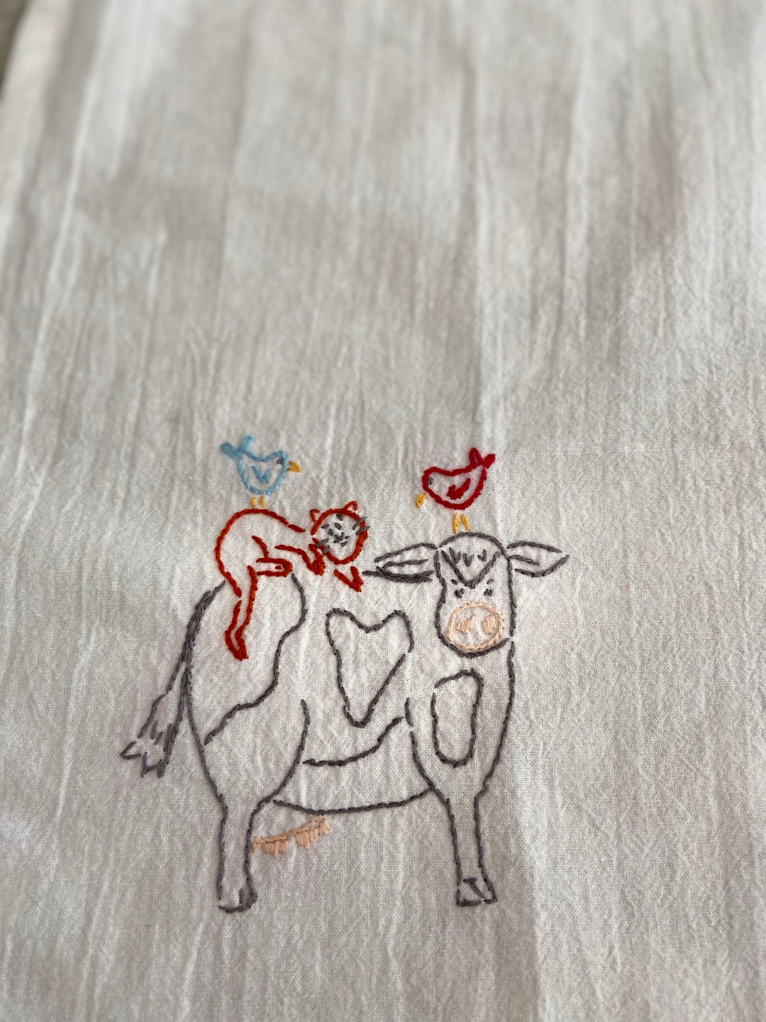 Kitchen Towel, Hand Embroidered, Cow, Country, Cat and Bird - Etsy