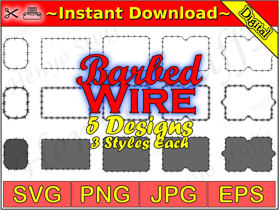 Barbed Wire, Barb Wire Frames Borders Bundle - 5 Designs, 3 Styles ...
