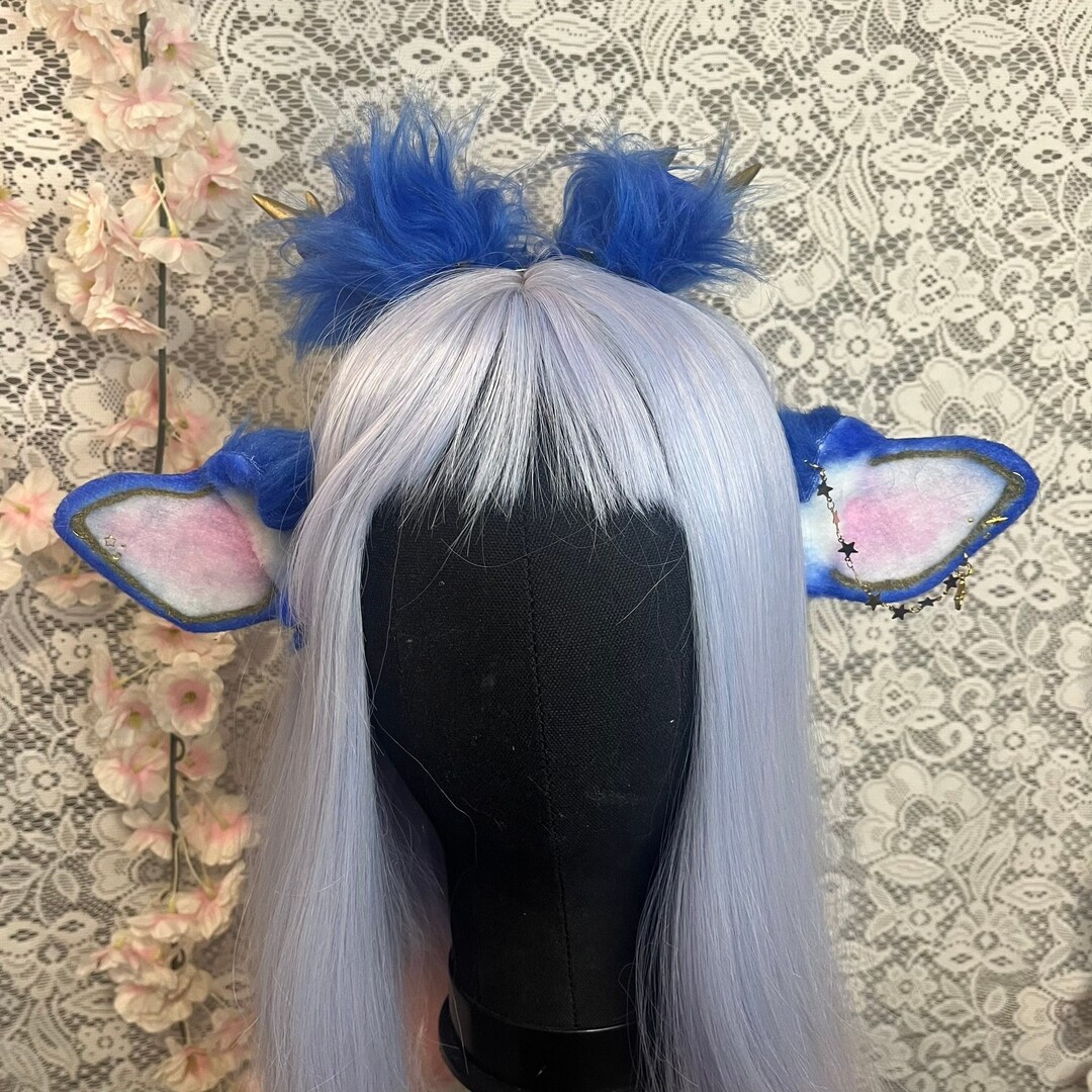 Starlight Blue Deer Ears With Antlers, Horns, Blue and Gold, Faux Fur ...