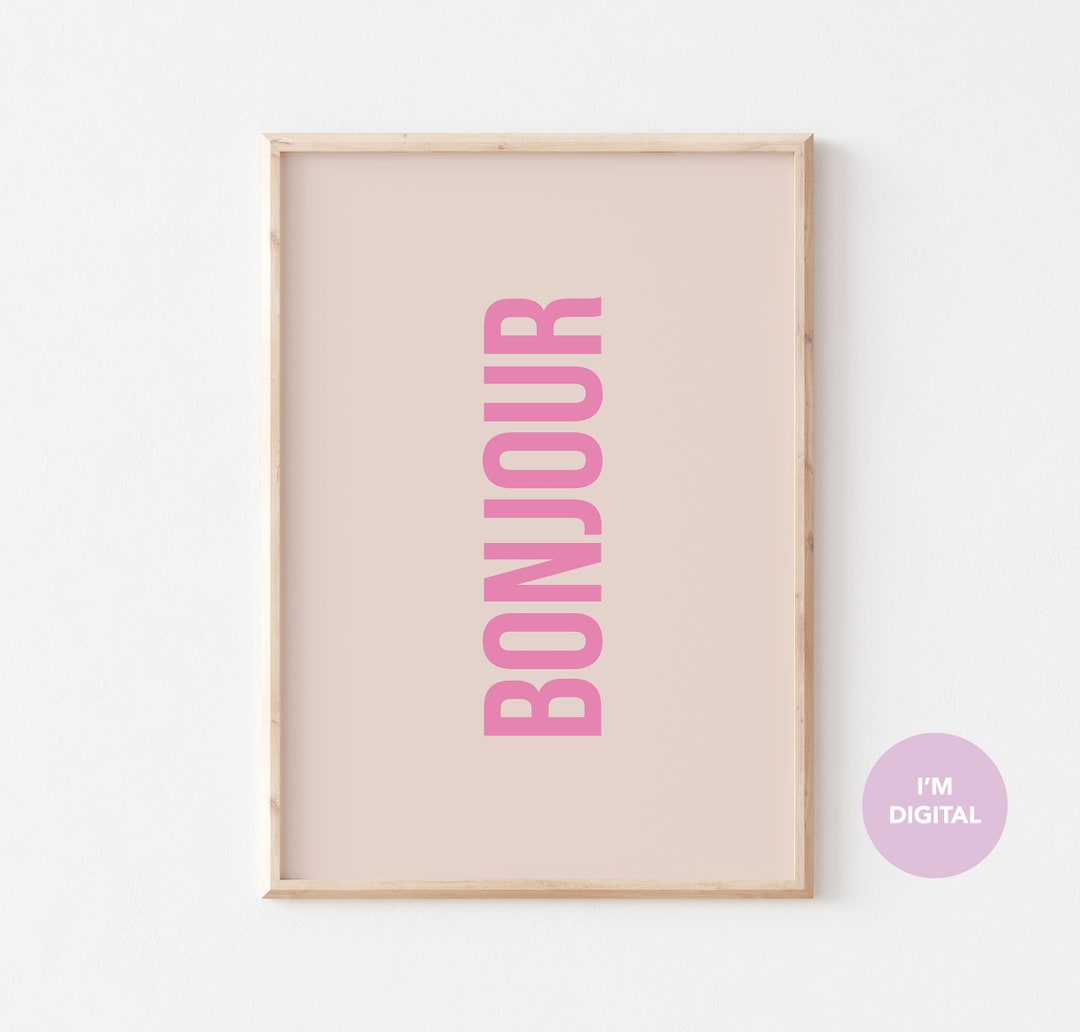 Pink Bonjour Print | Simple Typography Poster | Trendy Wall Art | Retro ...